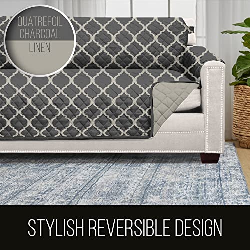 Sofa Shield Couch Slip Cover with Patented Strap, Cushion Protector, Reversible Stain and Dog Tear Resistant Slipcover, Quilted Microfiber 70β Seat Washable Covers, Pet Dogs Quatrefoil Charcoal Linen