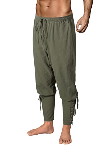 Men's Viking Pirate Pants - Ankle Banded Renaissance Trousers for Medieval Cosplay Army Green 40 3XL