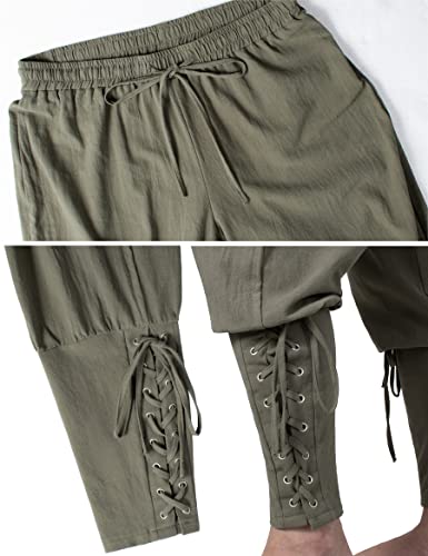 Men's Viking Pirate Pants - Ankle Banded Renaissance Trousers for Medieval Cosplay Army Green 40 3XL