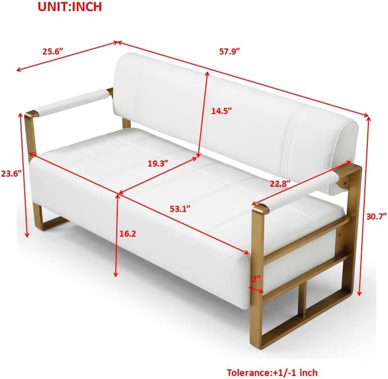 YM sky Modern Faux Leather Loveseat Sofa: 58" Mid Century Upholstered 2 Seater Couch - Sofas with Gold Metal Legs - Small Spaces Apartment Bedroom Office (White)