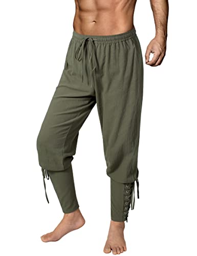 Men's Viking Pirate Pants - Ankle Banded Renaissance Trousers for Medieval Cosplay Army Green 40 3XL
