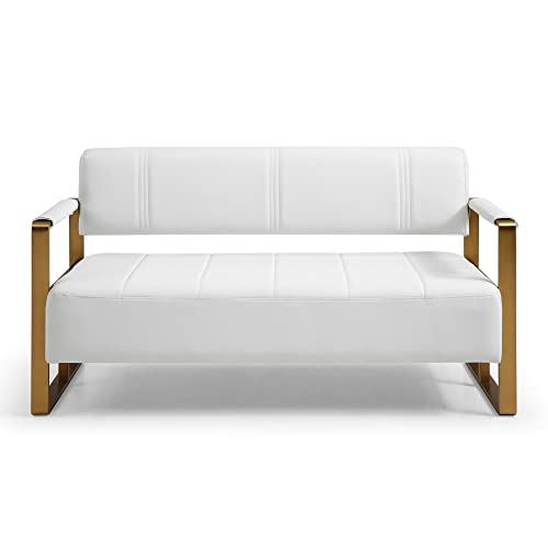 YM sky Modern Faux Leather Loveseat Sofa: 58" Mid Century Upholstered 2 Seater Couch - Sofas with Gold Metal Legs - Small Spaces Apartment Bedroom Office (White)
