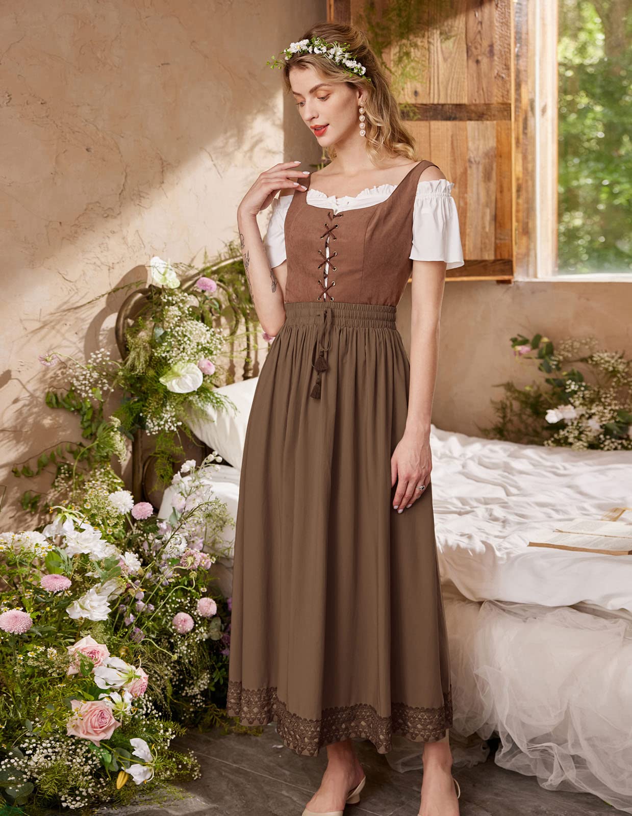 Women’s Elastic Waist Maxi Skirt Vintage Medieval A-Line Long Skirt Brown M