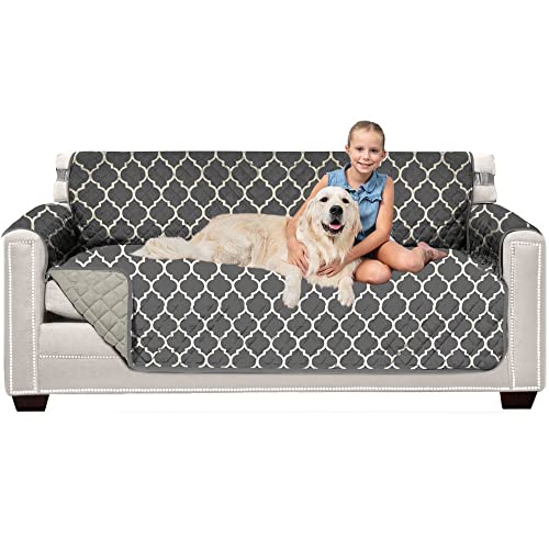 Sofa Shield Couch Slip Cover with Patented Strap, Cushion Protector, Reversible Stain and Dog Tear Resistant Slipcover, Quilted Microfiber 70” Seat Washable Covers, Pet Dogs Quatrefoil Charcoal Linen
