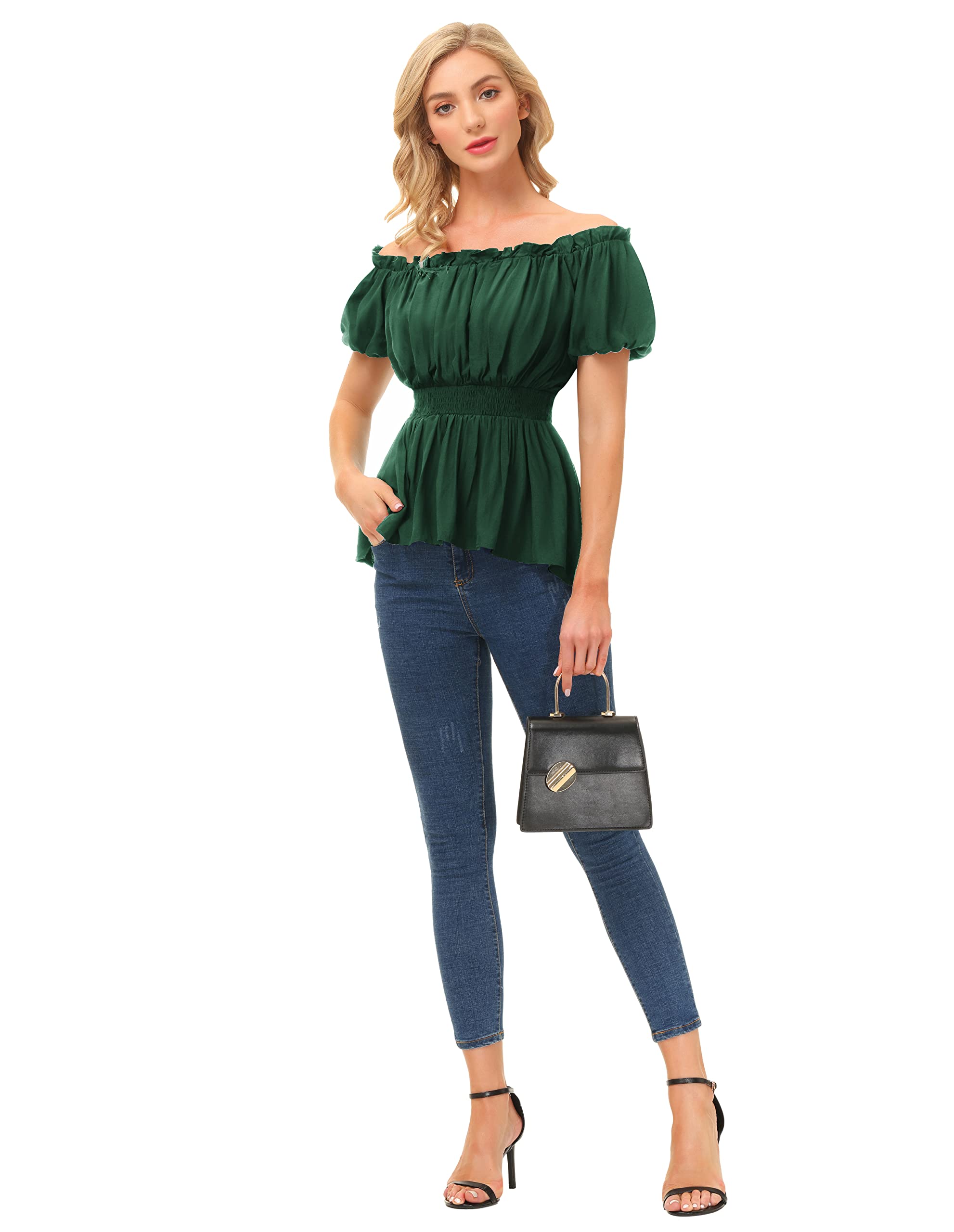 Renaissance Shirt Women Peasant Blouses for Women Corset Tops Dark Green XL