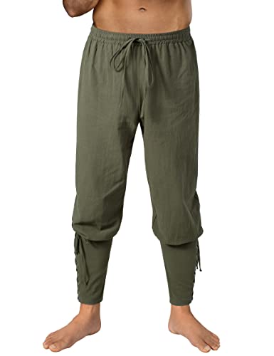 Men's Viking Pirate Pants - Ankle Banded Renaissance Trousers for Medieval Cosplay Army Green 40 3XL
