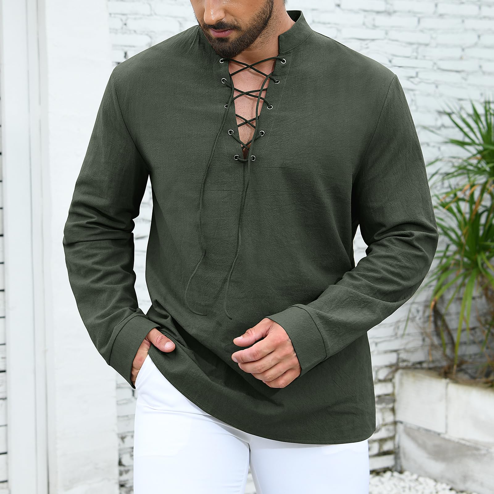 Mens Medieval Renaissance Pirate Top Long Sleeve Viking Gothic Steampunk Shirt Halloween Cosplay Party Costumes (XXL, Grey-Green)