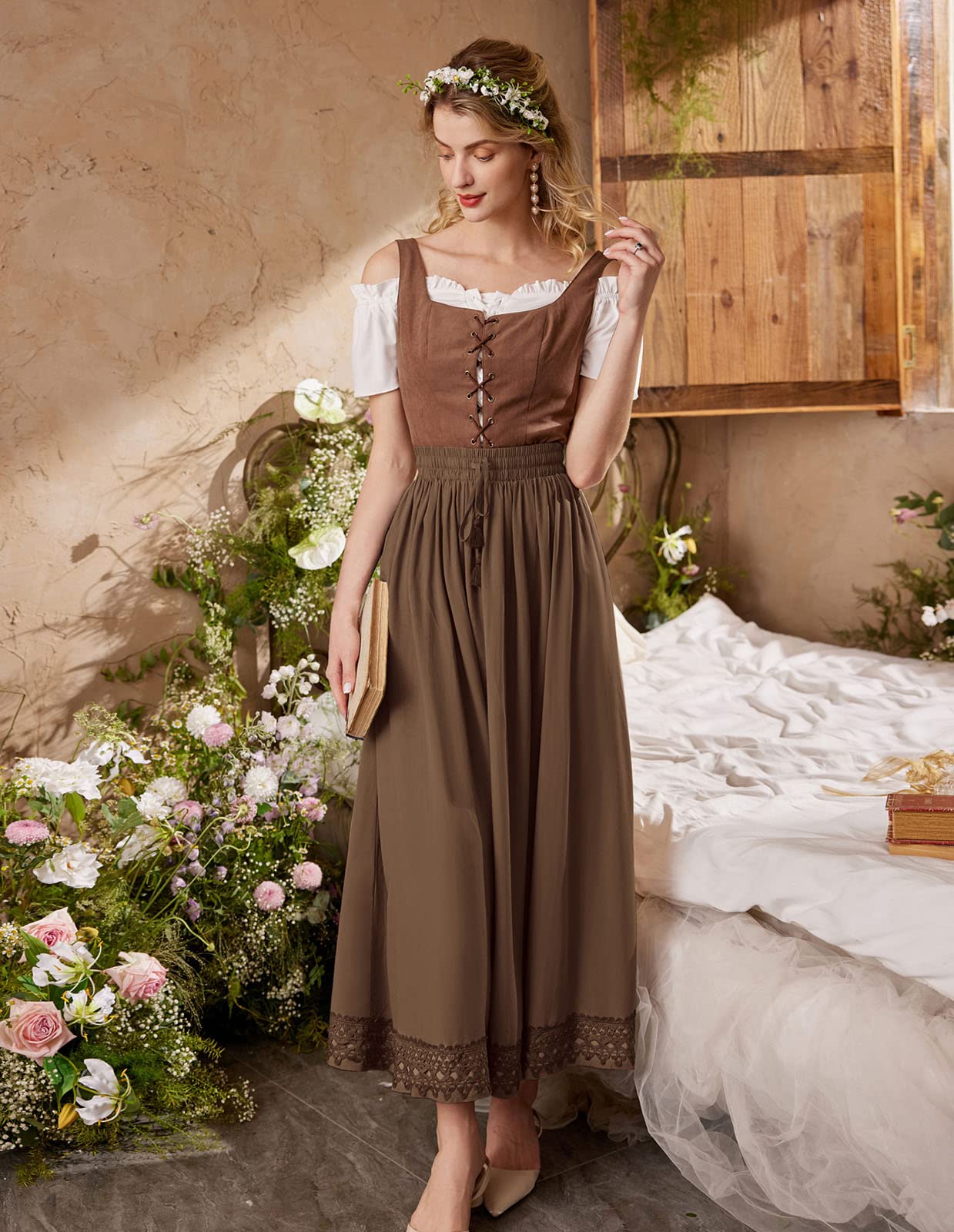 Women’s Elastic Waist Maxi Skirt Vintage Medieval A-Line Long Skirt Brown M