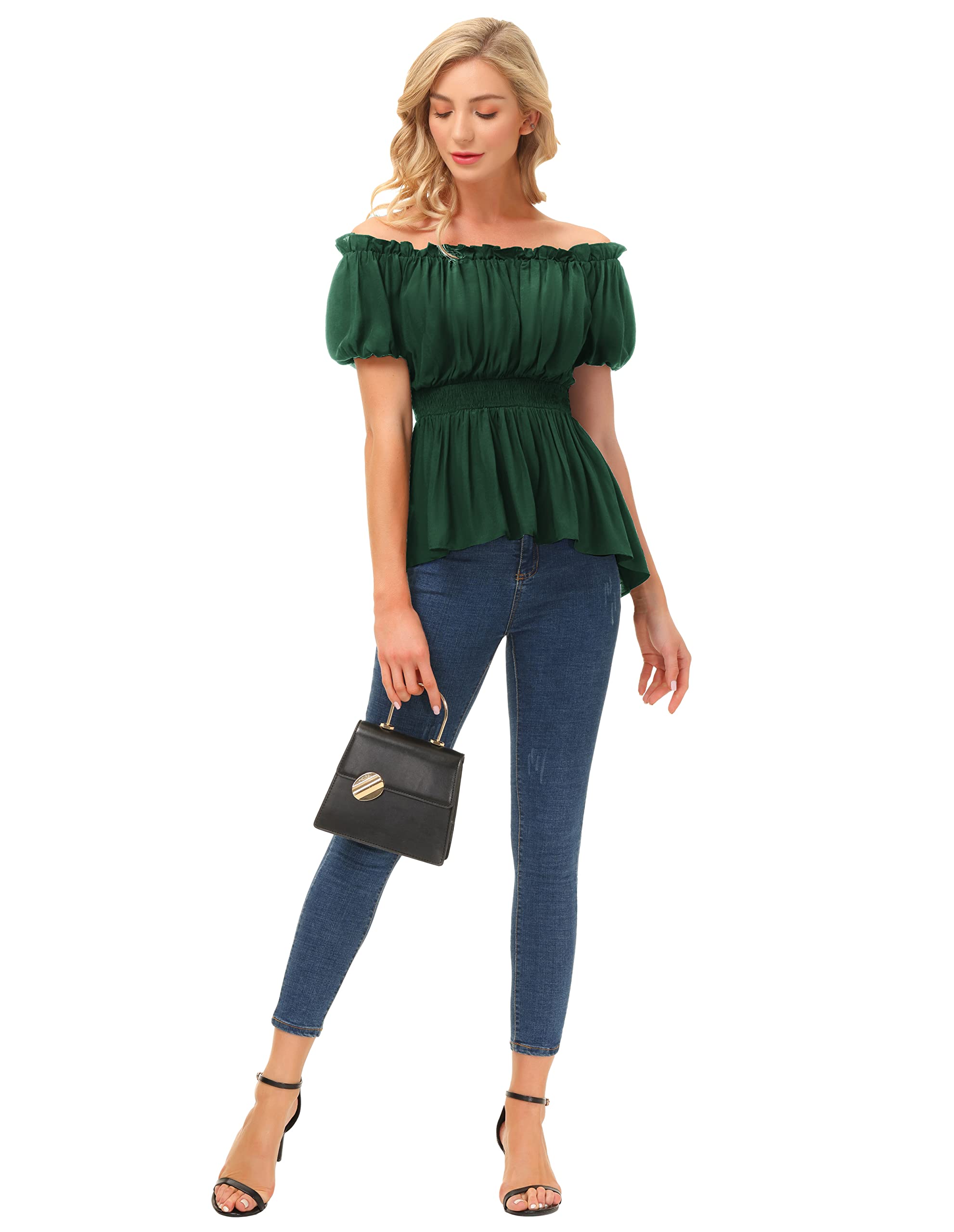 Renaissance Shirt Women Peasant Blouses for Women Corset Tops Dark Green XL