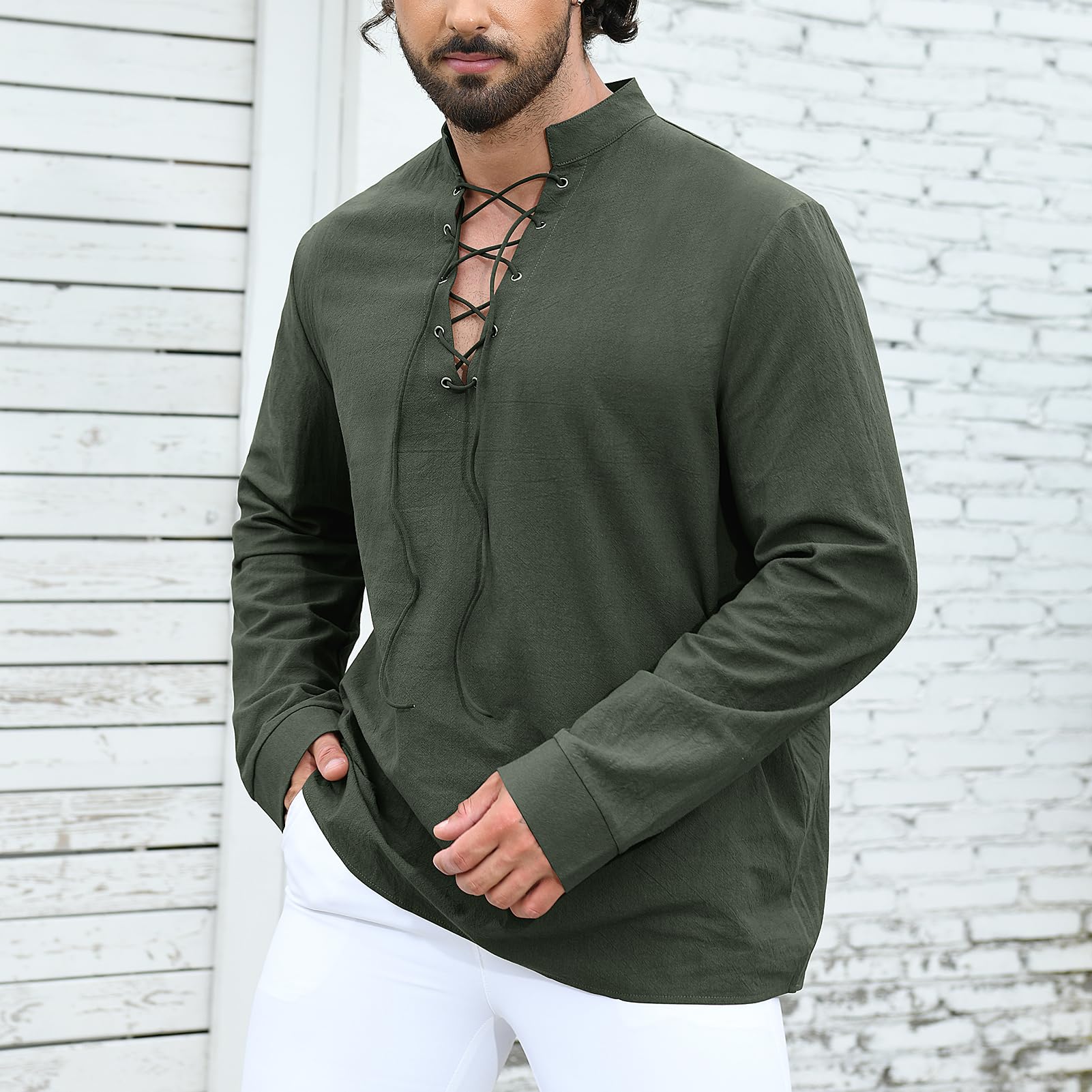 Mens Medieval Renaissance Pirate Top Long Sleeve Viking Gothic Steampunk Shirt Halloween Cosplay Party Costumes (XXL, Grey-Green)