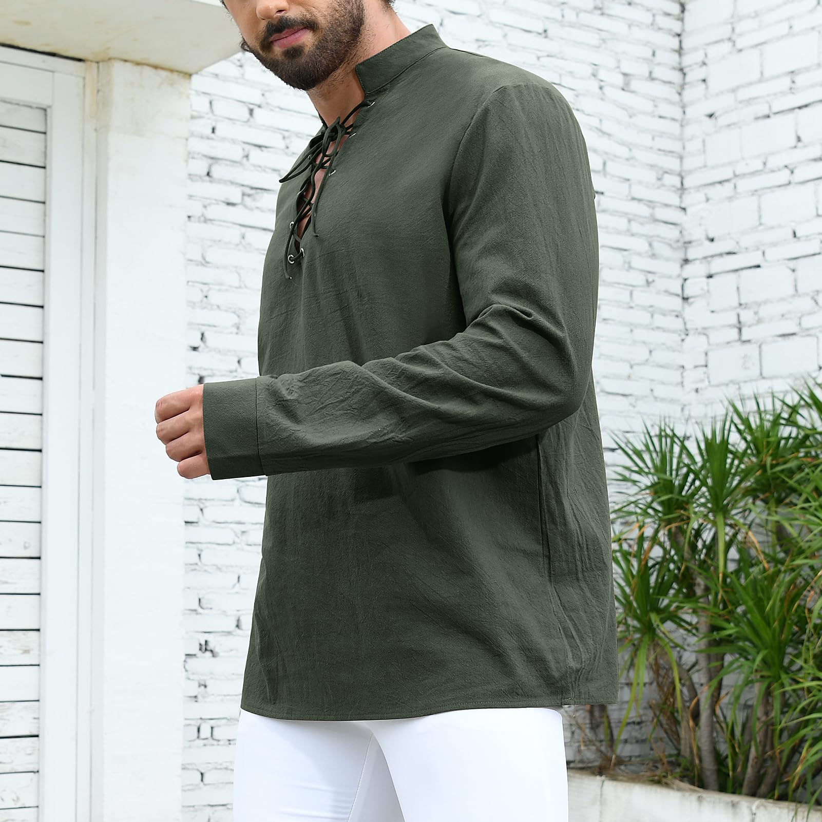 Mens Medieval Renaissance Pirate Top Long Sleeve Viking Gothic Steampunk Shirt Halloween Cosplay Party Costumes (XXL, Grey-Green)
