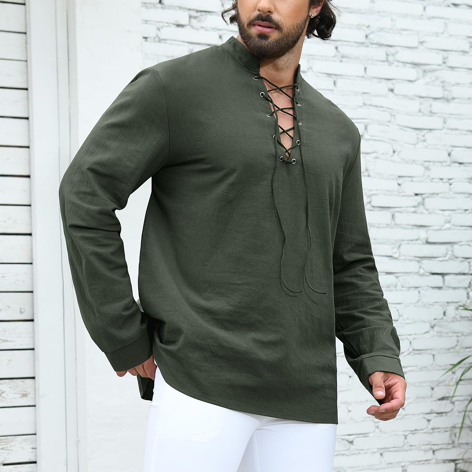 Mens Medieval Renaissance Pirate Top Long Sleeve Viking Gothic Steampunk Shirt Halloween Cosplay Party Costumes (XXL, Grey-Green)