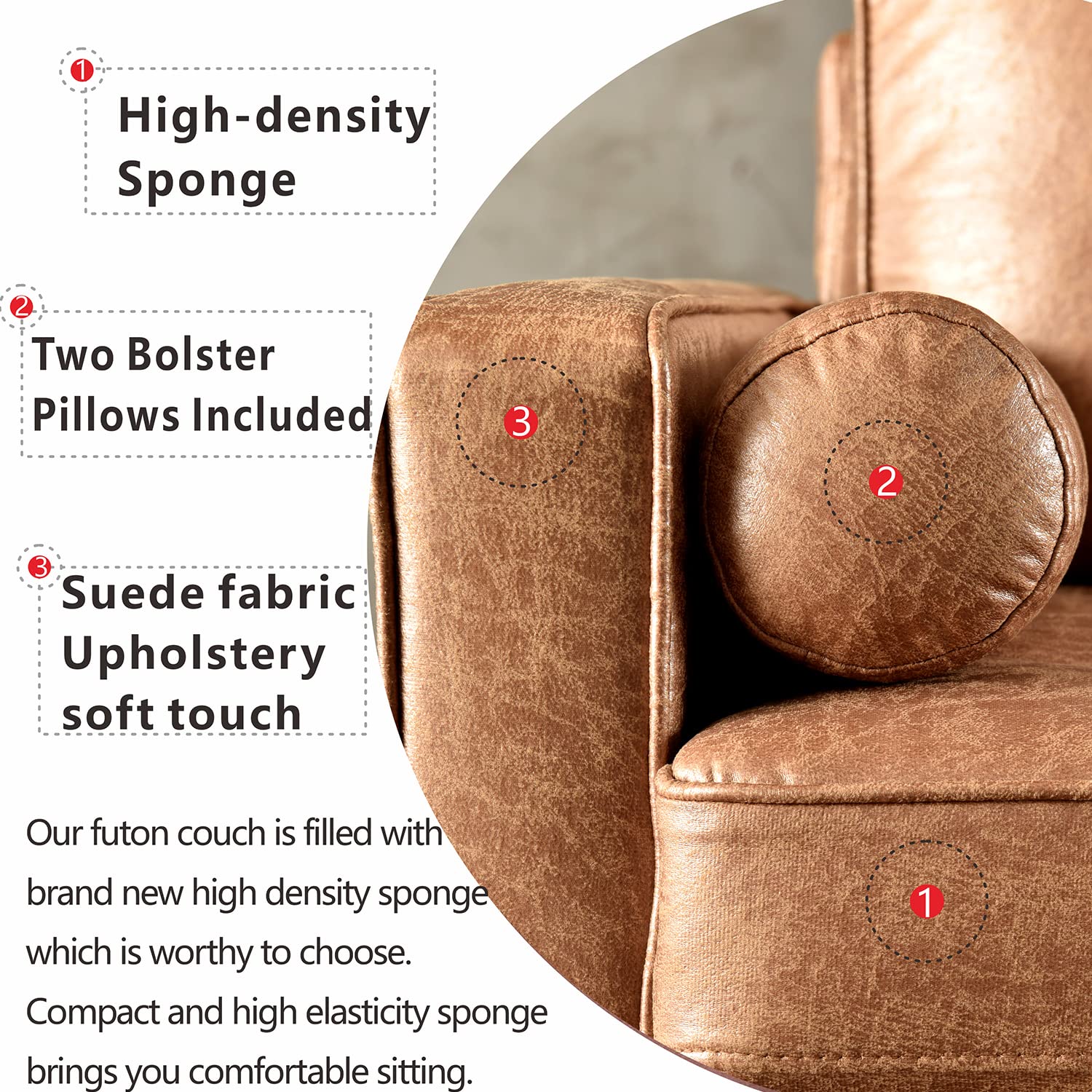 HOOOWOOO 69.7" Small Loveseat Sofa MCM Modern 2-Seater Couch with Bolster Pillows Button Tufted Seat Square Arm for Office Living Room Bedroom Small Space, Brown Faux Leather
