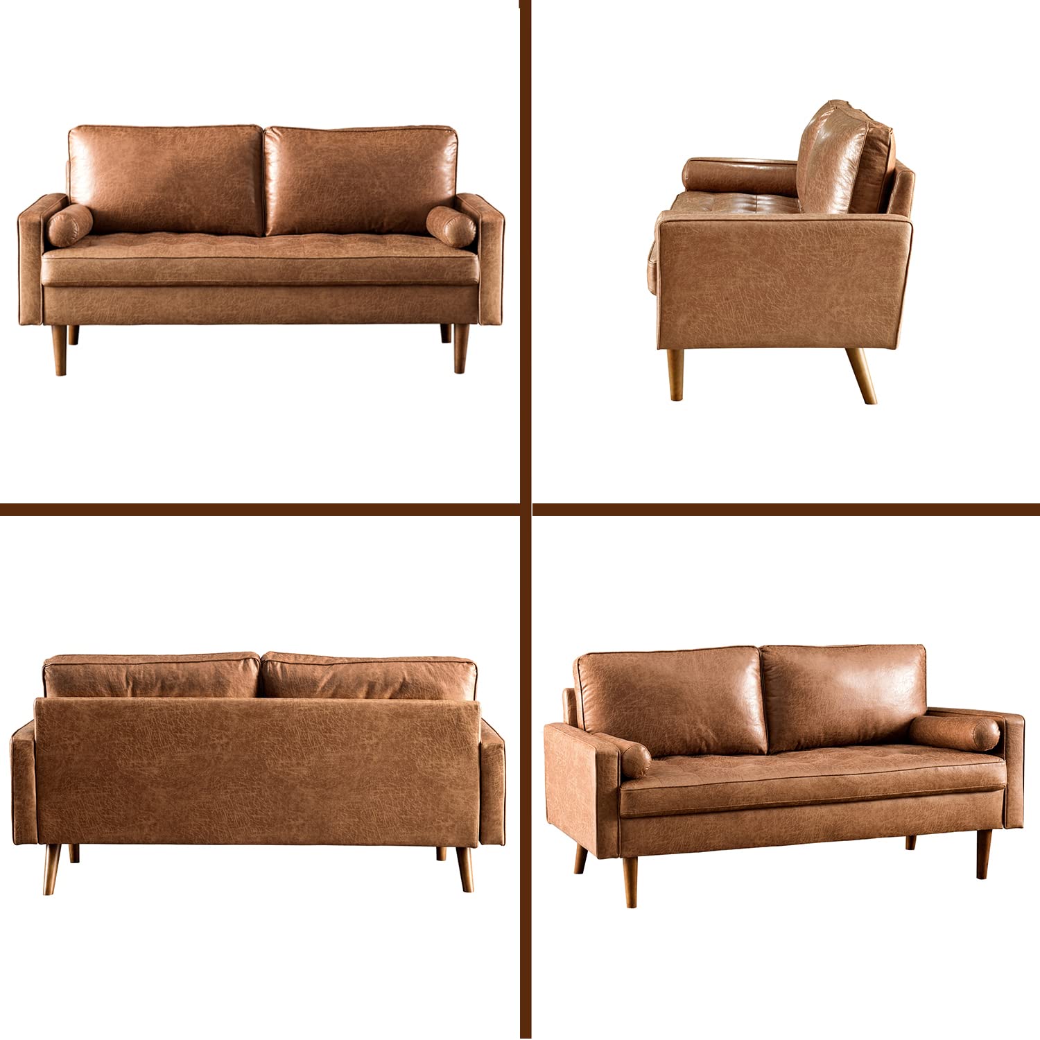 HOOOWOOO 69.7" Small Loveseat Sofa MCM Modern 2-Seater Couch with Bolster Pillows Button Tufted Seat Square Arm for Office Living Room Bedroom Small Space, Brown Faux Leather