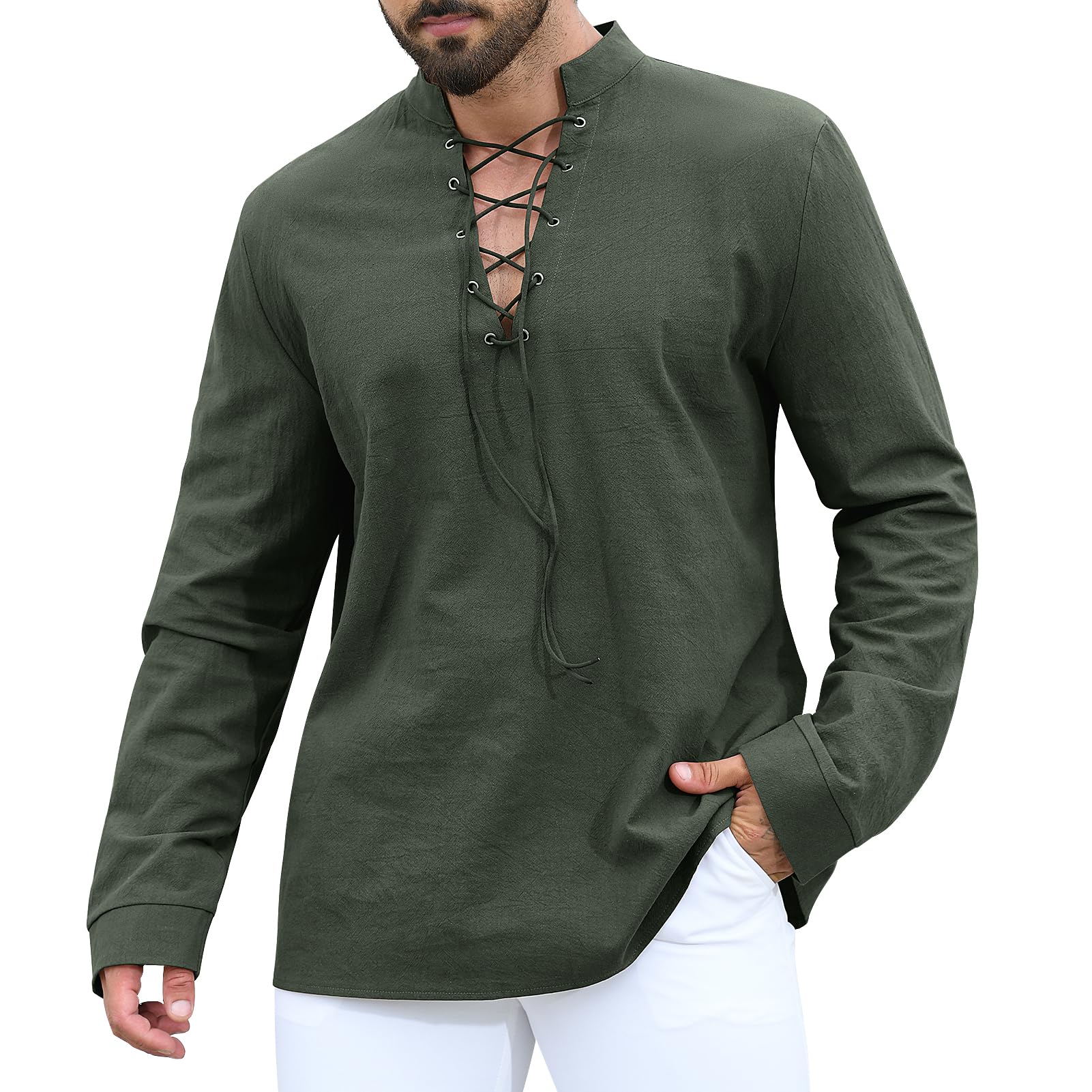 Mens Medieval Renaissance Pirate Top Long Sleeve Viking Gothic Steampunk Shirt Halloween Cosplay Party Costumes (XXL, Grey-Green)