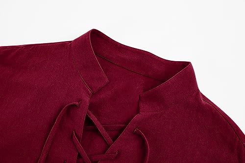 Karlywindow Mens Medieval Pirate Shirt Retro Renaissance Viking Long Sleeve Lace Up Mercenary Halloween Scottish Tops Wine Red