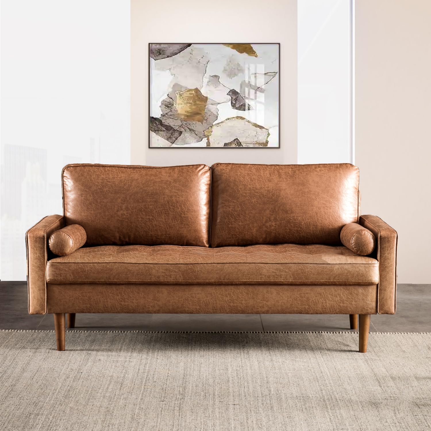 HOOOWOOO 69.7" Small Loveseat Sofa MCM Modern 2-Seater Couch with Bolster Pillows Button Tufted Seat Square Arm for Office Living Room Bedroom Small Space, Brown Faux Leather