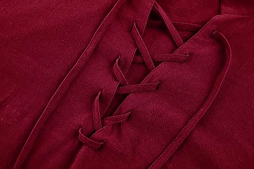 Karlywindow Mens Medieval Pirate Shirt Retro Renaissance Viking Long Sleeve Lace Up Mercenary Halloween Scottish Tops Wine Red