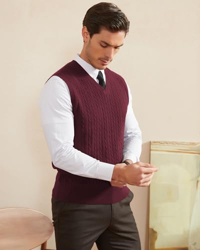 Kallspin Men’s Wool Blended Cable Knit Vest Sweater V Neck Relaxed Fit Sleeveless Pullovers (Burgundy Red Medium)