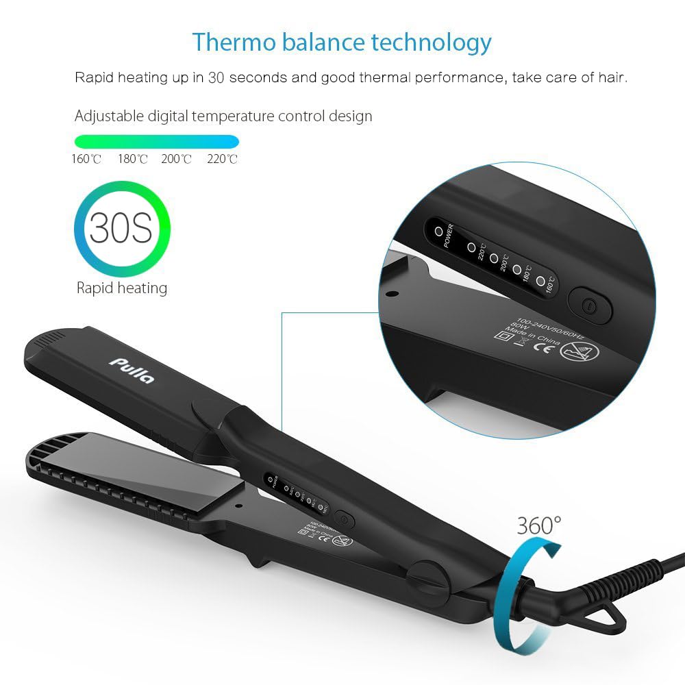 Pulla Hair Straightener and Crimper - 4 in 1 Tourmaline Ceramic Flat and Curling Iron for Hair Styling with Adjustable Temperature - Salon High Heat 320°F - 430°F for All Hair Types