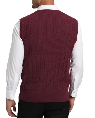 Kallspin Men’s Wool Blended Cable Knit Vest Sweater V Neck Relaxed Fit Sleeveless Pullovers (Burgundy Red Medium)