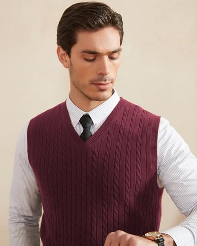 Kallspin Men’s Wool Blended Cable Knit Vest Sweater V Neck Relaxed Fit Sleeveless Pullovers (Burgundy Red Medium)
