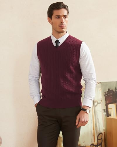Kallspin Men’s Wool Blended Cable Knit Vest Sweater V Neck Relaxed Fit Sleeveless Pullovers (Burgundy Red Medium)