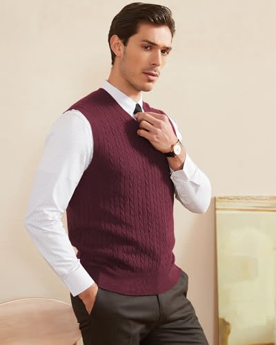 Kallspin Men’s Wool Blended Cable Knit Vest Sweater V Neck Relaxed Fit Sleeveless Pullovers (Burgundy Red Medium)