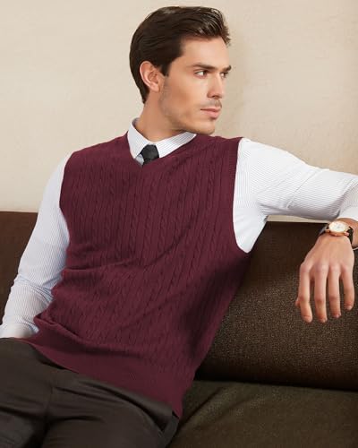 Kallspin Men’s Wool Blended Cable Knit Vest Sweater V Neck Relaxed Fit Sleeveless Pullovers (Burgundy Red Medium)