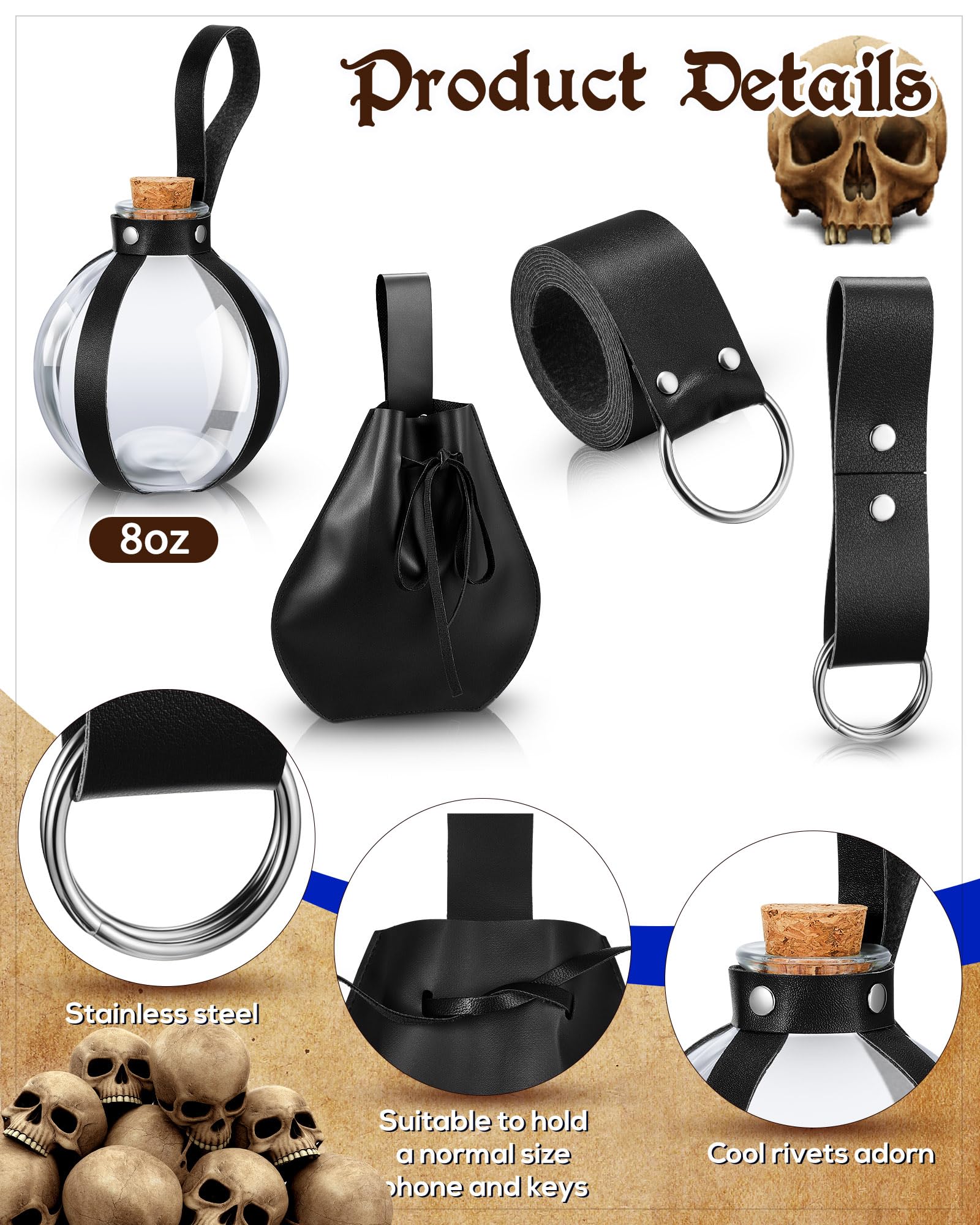 Dunzy 4 Pcs Renaissance Costume Accessories Medieval Belt Skirt Hikes Viking Leather Belt Potion Bottles(Black)