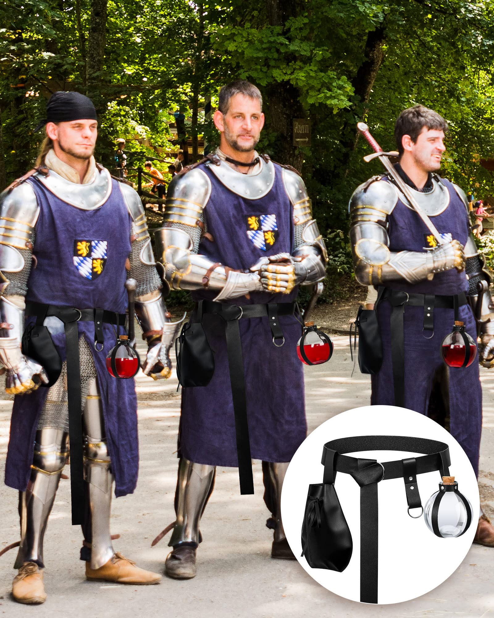 Dunzy 4 Pcs Renaissance Costume Accessories Medieval Belt Skirt Hikes Viking Leather Belt Potion Bottles(Black)