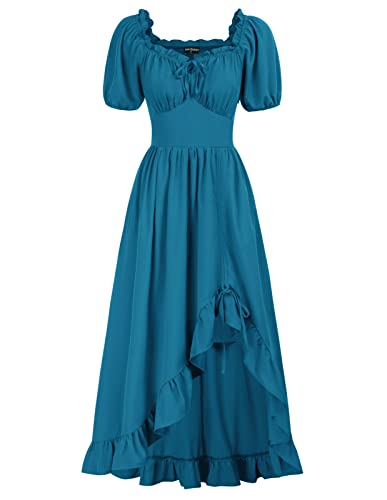Renaissance Costume Women Cottagecore Dress Summer Off Shoulder Long Dress Blue L