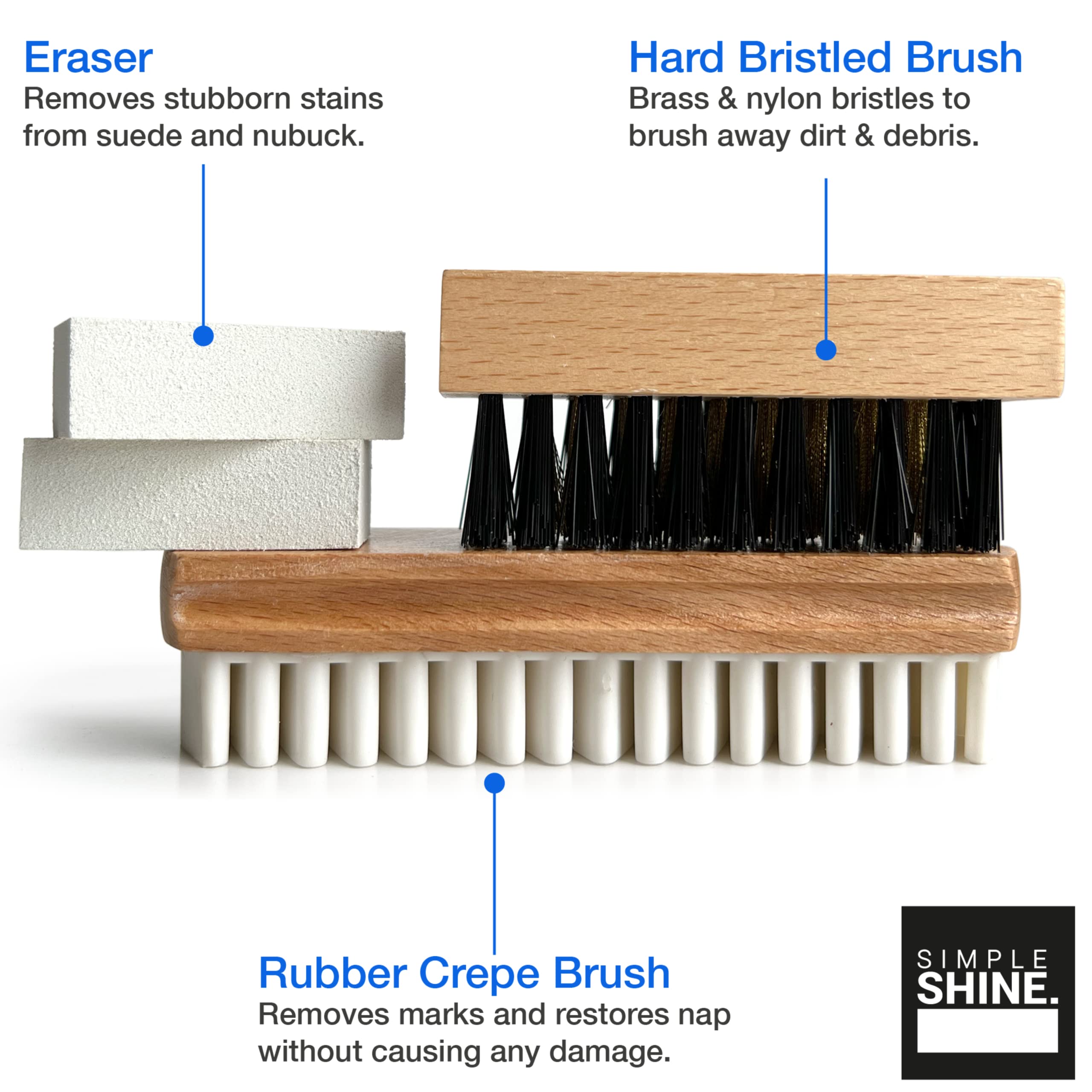 Simple Shine. Suede Shoe Cleaner - Premium Suede Brush Nubuck Cleaner Crepe Brush and Suede Eraser Set | Suede Brush for uggs | Complete Shoe Cleaning Bristle Brushes Kit for Nap Care