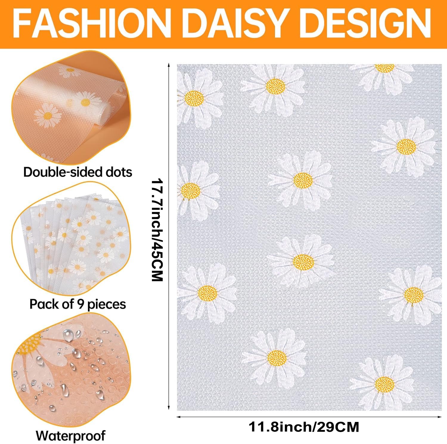 9Pcs Refrigerator Liners,Washable Refrigerator Mats Liner,EVA Daisy Refrigerator Liners,Waterproof Non-Slip Fridge Liners for Drawers Cupboard Placemats,BPA Free,17.7"x11.8",Non Adhesive
