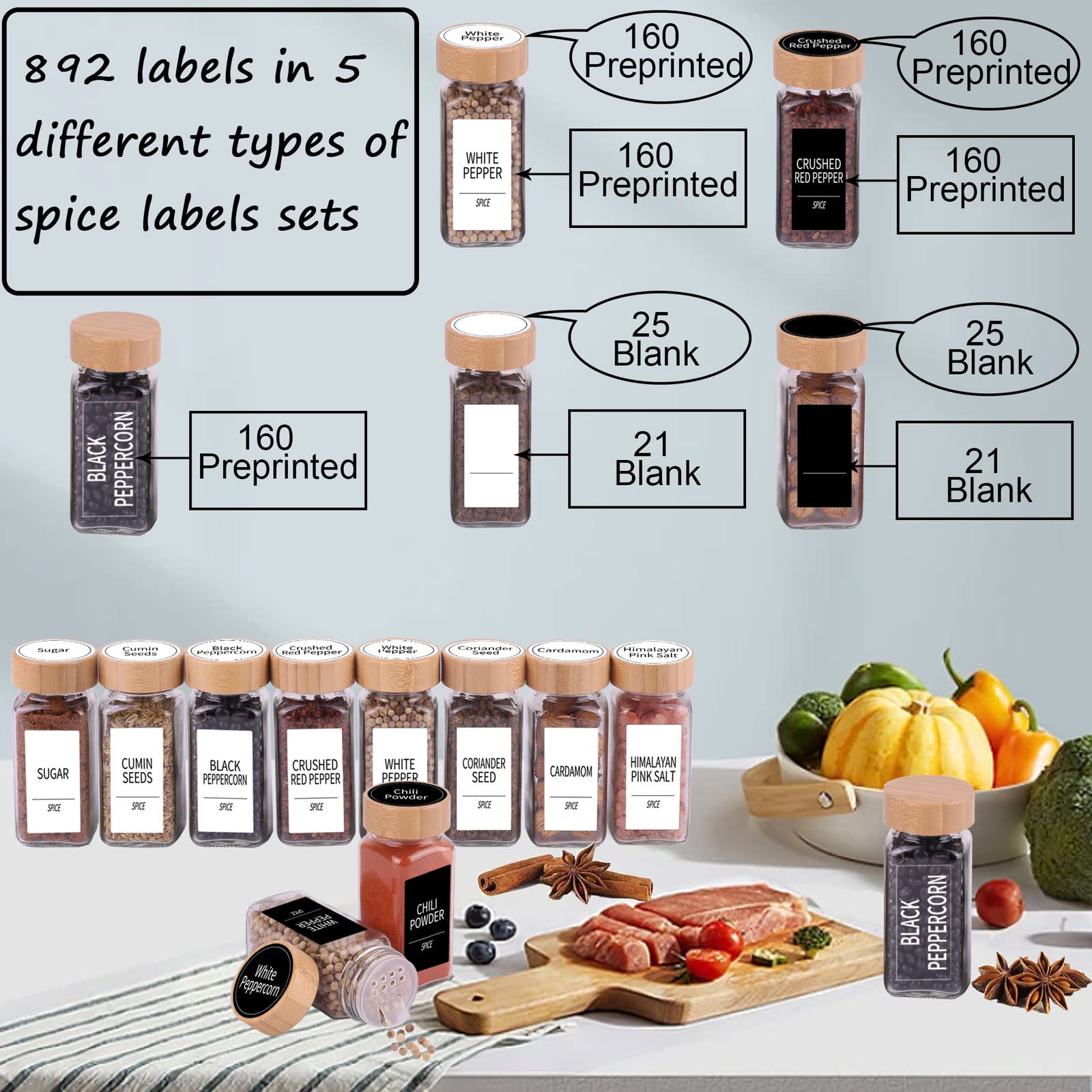 SWOMMOLY 36 Glass Spice Jars with Labels,4 oz Empty Square Spice Jars with Bamboo Lids,5 Different Types of Spice Labels Sets, Spice Bottles with Shaker Lids
