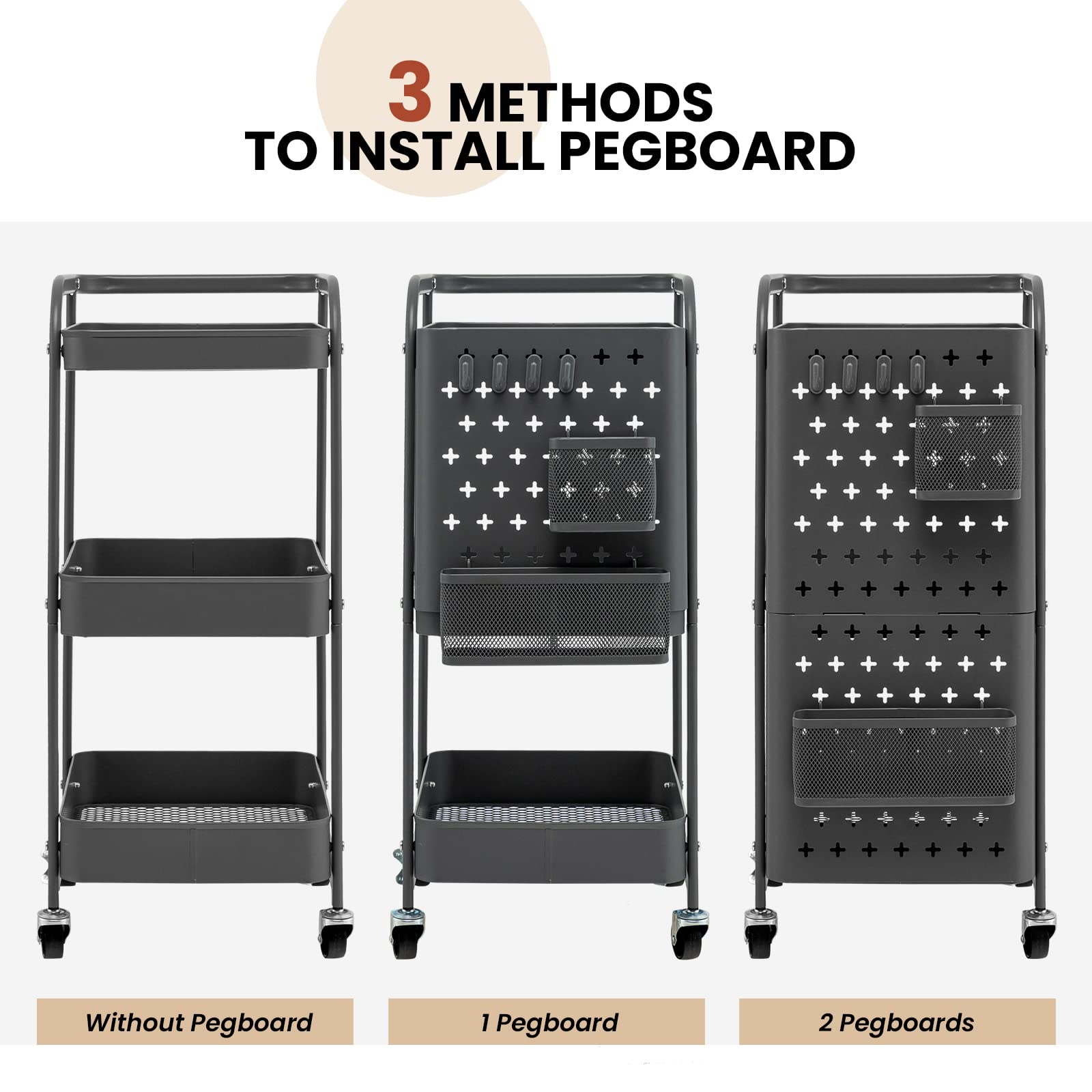 GOFLAME 3-Tier Rolling Cart, Storage Organizer Cart with DIY Dual Pegboards, 2 Baskets, 4 Removable Hooks, Mobile Metal Utility Cart on Wheels, Trolley Service Cart for Kitchen, Office, Garage (Grey)