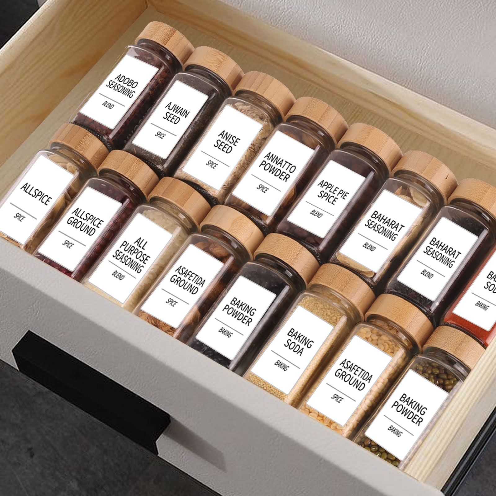 SWOMMOLY 36 Glass Spice Jars with Labels,4 oz Empty Square Spice Jars with Bamboo Lids,5 Different Types of Spice Labels Sets, Spice Bottles with Shaker Lids