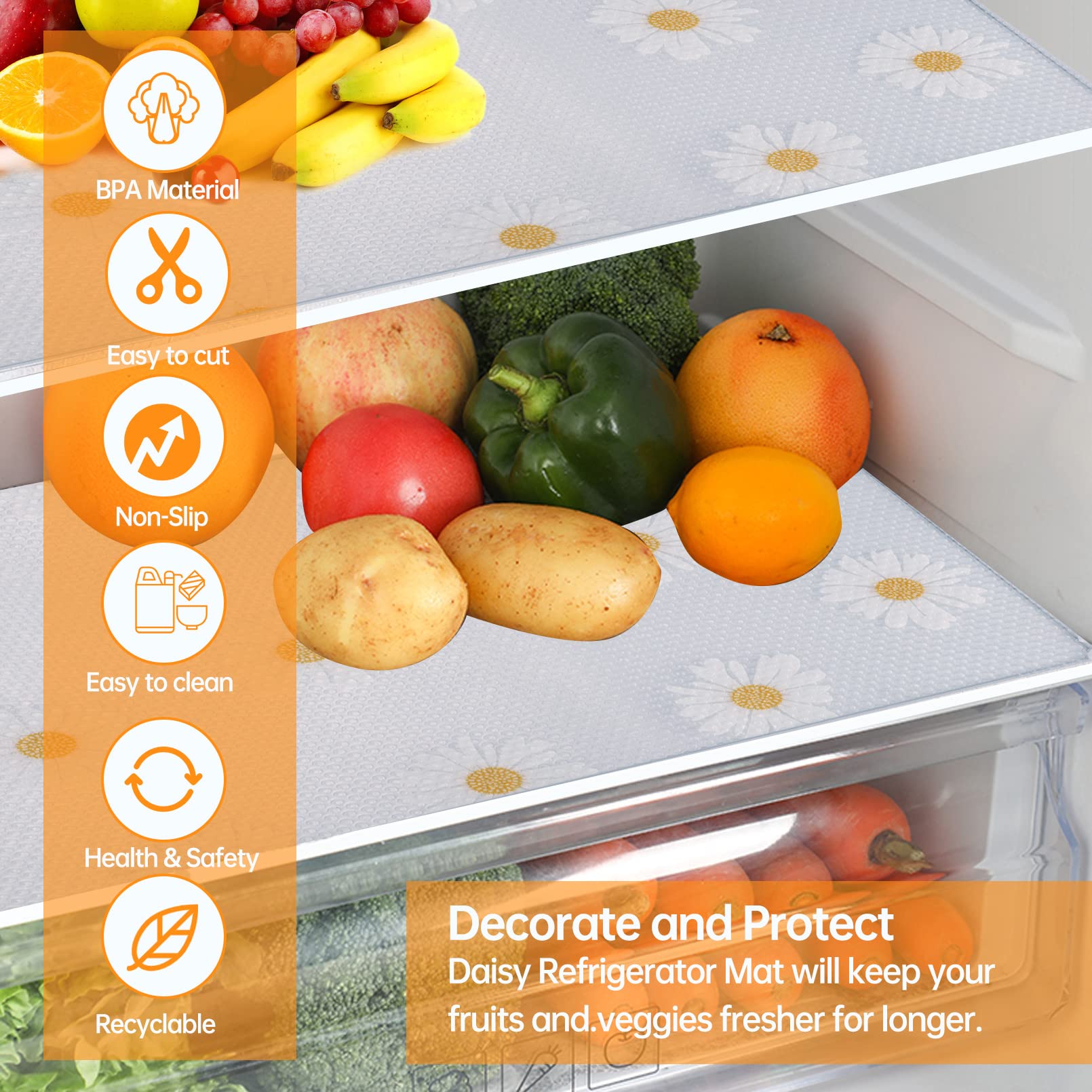 9Pcs Refrigerator Liners,Washable Refrigerator Mats Liner,EVA Daisy Refrigerator Liners,Waterproof Non-Slip Fridge Liners for Drawers Cupboard Placemats,BPA Free,17.7"x11.8",Non Adhesive