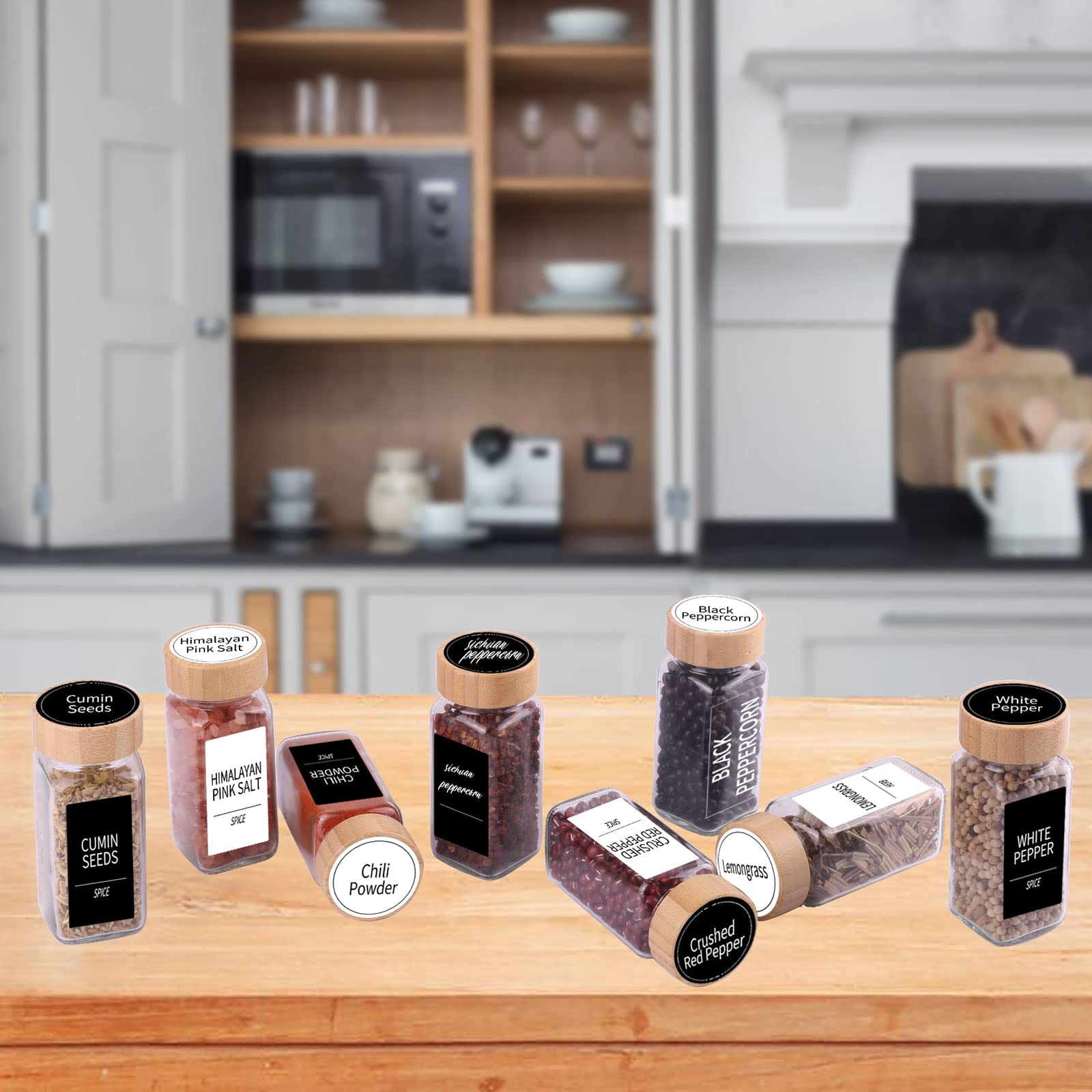 SWOMMOLY 36 Glass Spice Jars with Labels,4 oz Empty Square Spice Jars with Bamboo Lids,5 Different Types of Spice Labels Sets, Spice Bottles with Shaker Lids