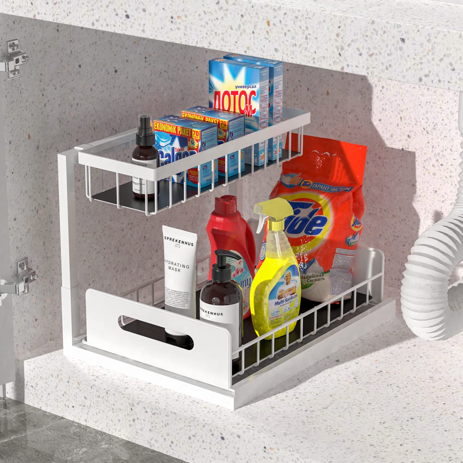 KINGPOUL Under Sink Organizers-2-Tier Heavy Duty Metal Slide Out Pull Out Drawers L-Shape Under Cabinet Storage Around Plumbing, for Under Kitchen Bathroom Sink Organizers and Storage(White)
