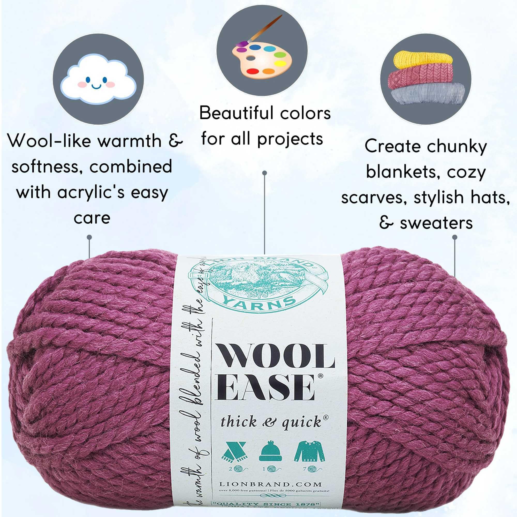 Lion Brand Wool Ease Thick & Quick Fig 640-146 (3-Skeins - Same Dye Lot) #6 S Bulky Acrylic-Wool Yarn for Crocheting and Knitting with Project Bag