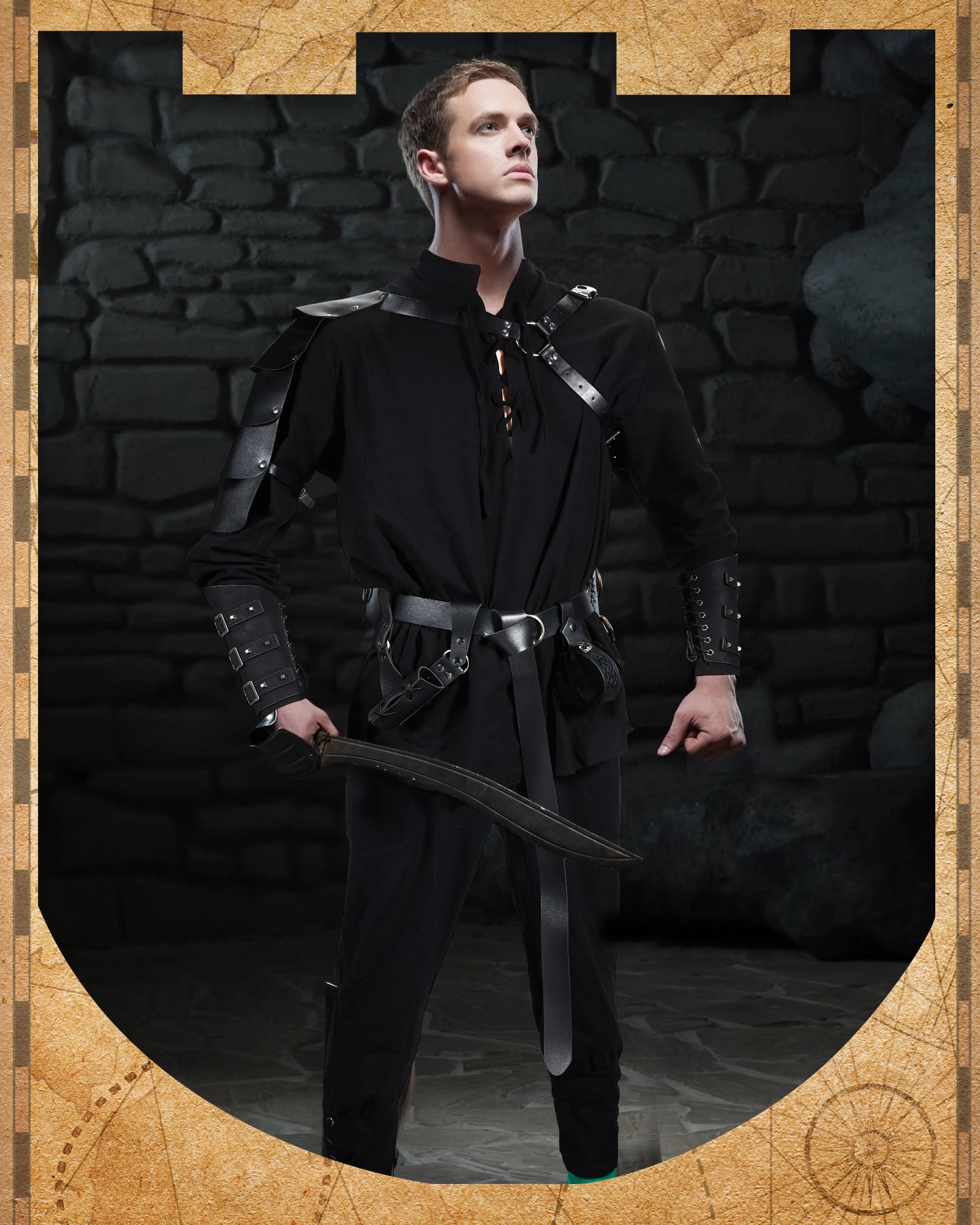 Panitay 8 Pcs Halloween Men's Renaissance Costume Set Medieval Viking Shirt Pant Belt Cape Bracer Sword Bag(Large,Stylish Color)