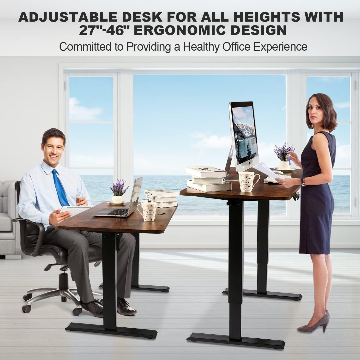 Legooin Electric Standing Adjustable Height Desk 55'' x 24''Sit Stand Desk with Double Crossbeam Structure, 27''-45'' Lifting Range Stand up Desk(Brown Arc)
