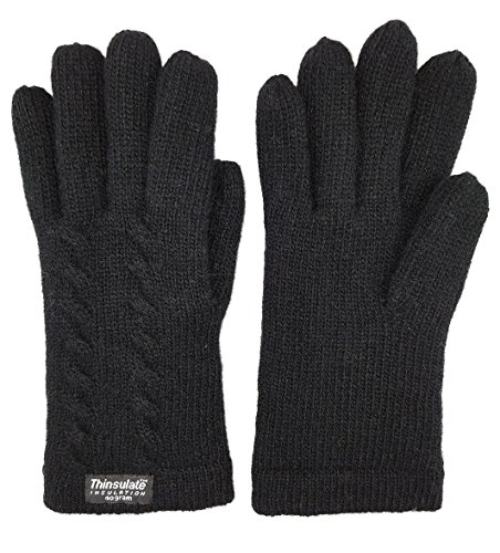 BRUCERIVER Ladie's Pure Wool Knit Gloves with Thinsulate Lining and Cable design Size L (Black)