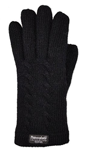 BRUCERIVER Ladie's Pure Wool Knit Gloves with Thinsulate Lining and Cable design Size L (Black)