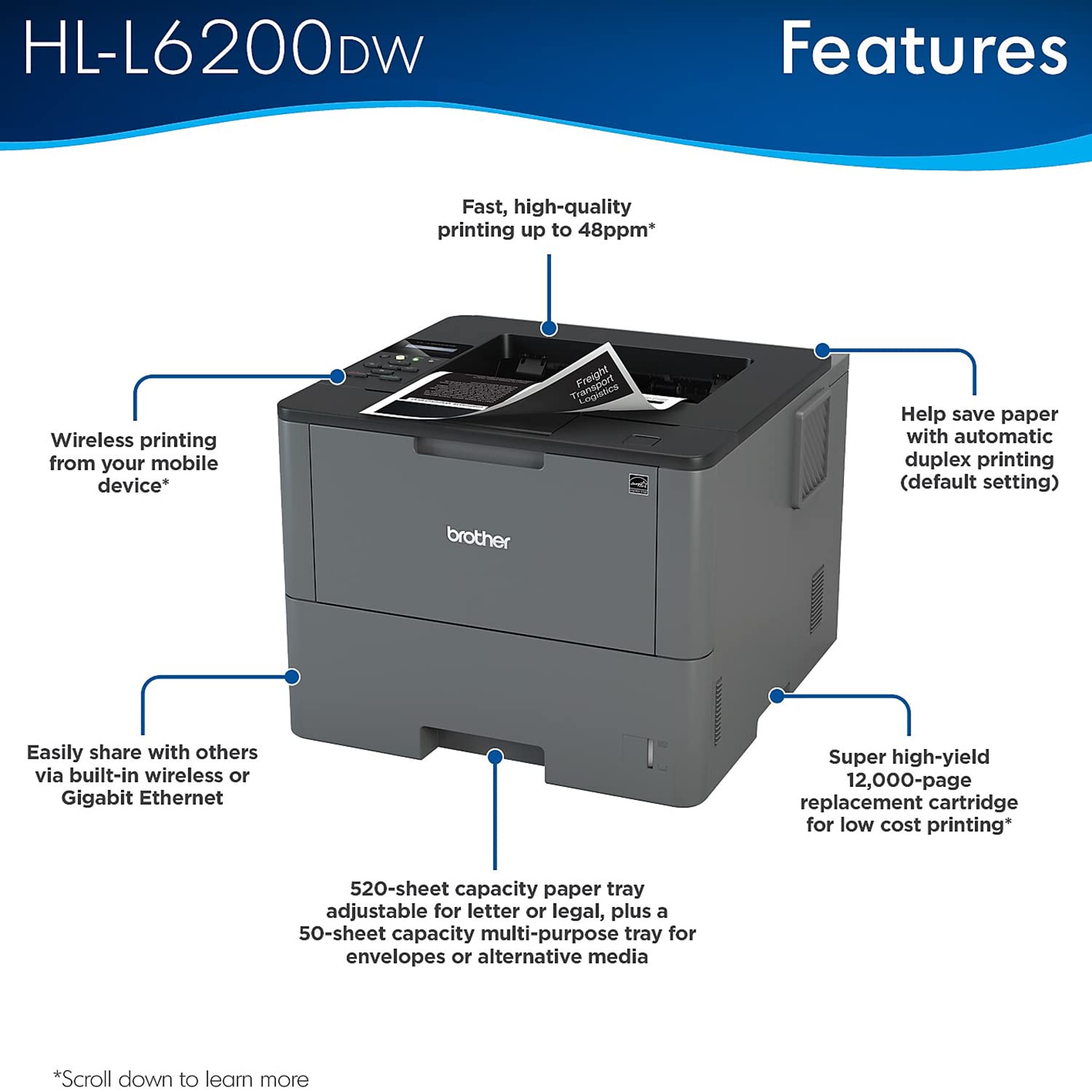 Brother HL-L6200DW Wireless Monochrome Single-Function Laser Printer for Office, Gray - Print only - 48 ppm, 1200 x 1200 dpi, 8.5 x 14, 256MB Memory, Auto Duplex Printing, 520 Sheet, Ethernet, CBMOUN