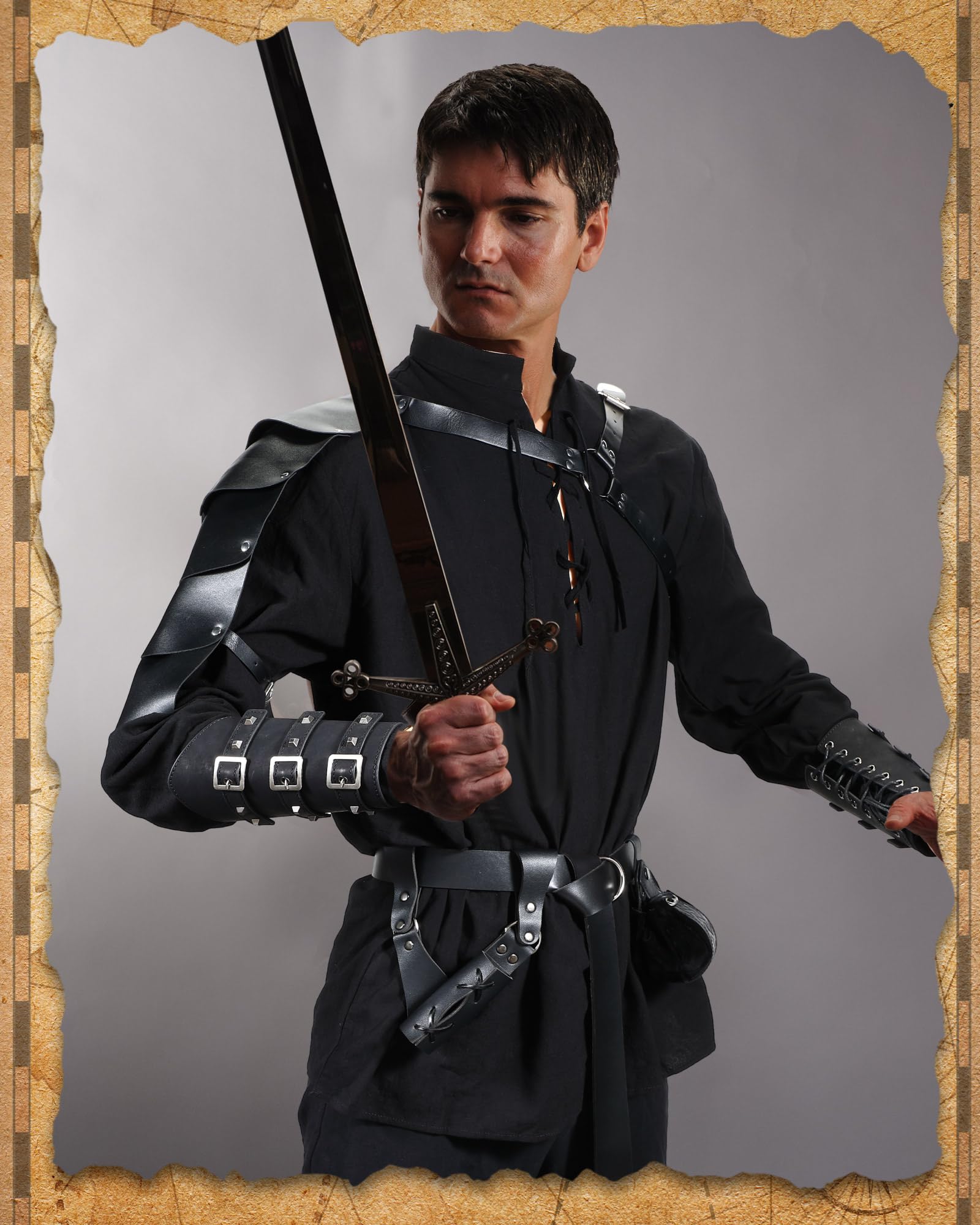 Panitay 8 Pcs Halloween Men's Renaissance Costume Set Medieval Viking Shirt Pant Belt Cape Bracer Sword Bag(Large,Stylish Color)