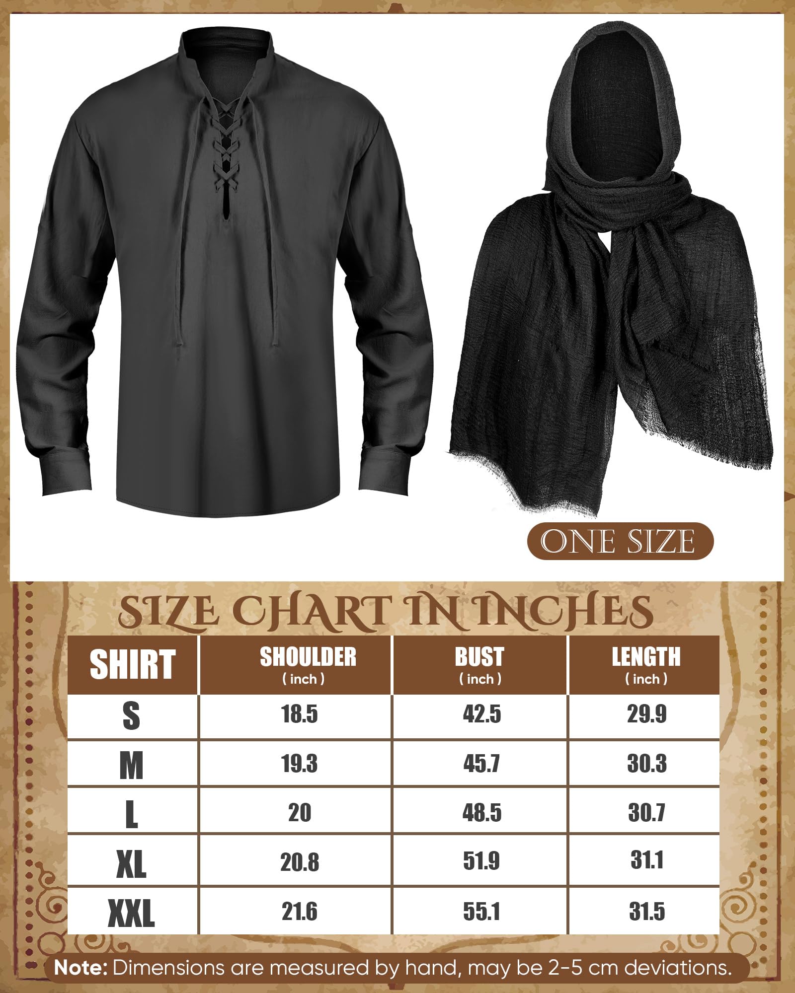 Panitay 8 Pcs Halloween Men's Renaissance Costume Set Medieval Viking Shirt Pant Belt Cape Bracer Sword Bag(Large,Stylish Color)