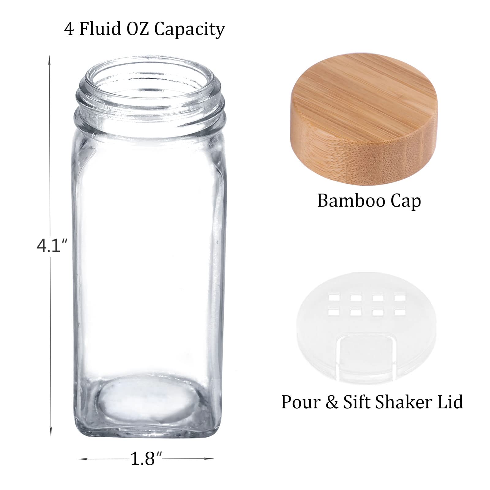 SWOMMOLY 36 Glass Spice Jars with Labels,4 oz Empty Square Spice Jars with Bamboo Lids,5 Different Types of Spice Labels Sets, Spice Bottles with Shaker Lids