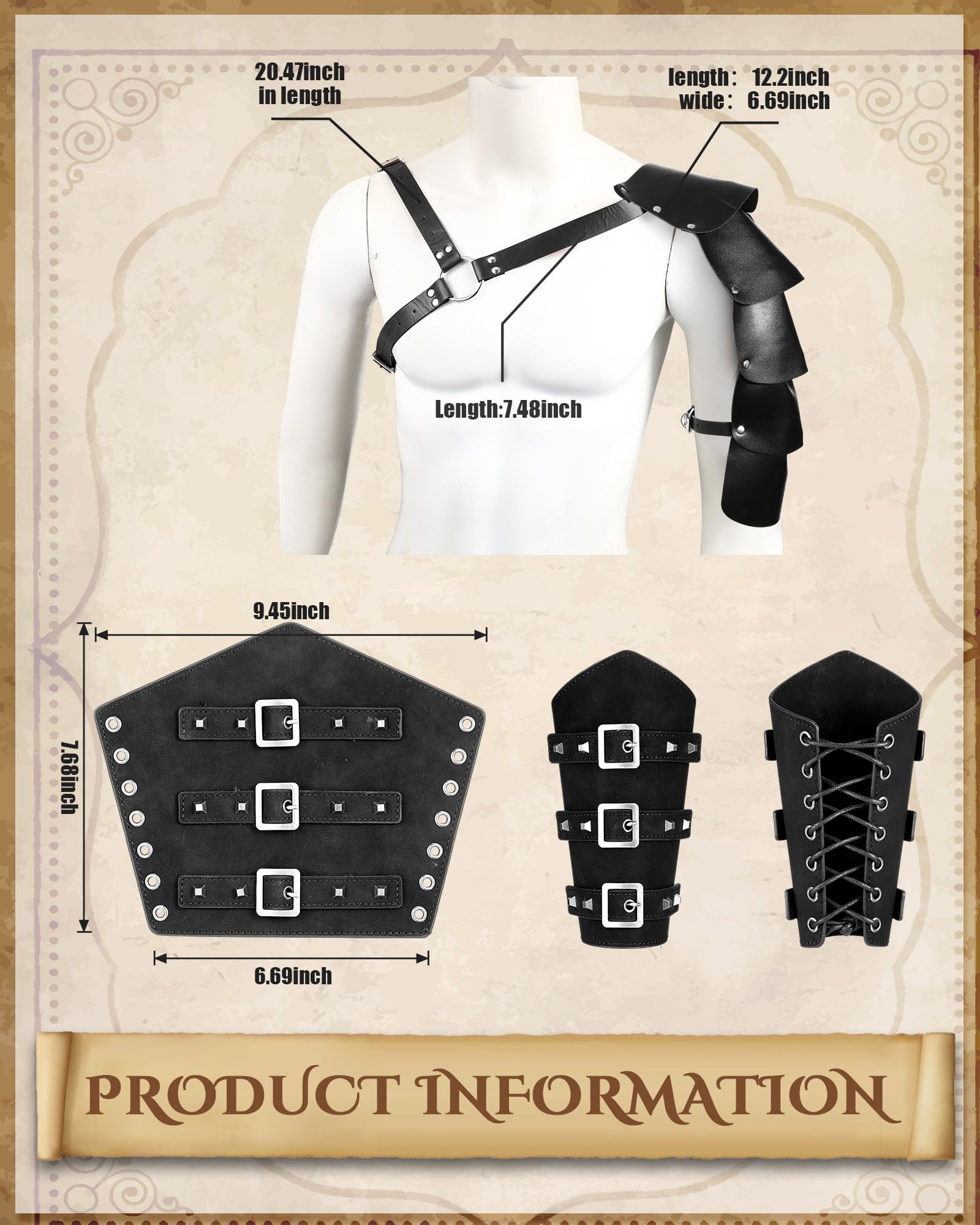 Panitay 8 Pcs Halloween Men's Renaissance Costume Set Medieval Viking Shirt Pant Belt Cape Bracer Sword Bag(Large,Stylish Color)